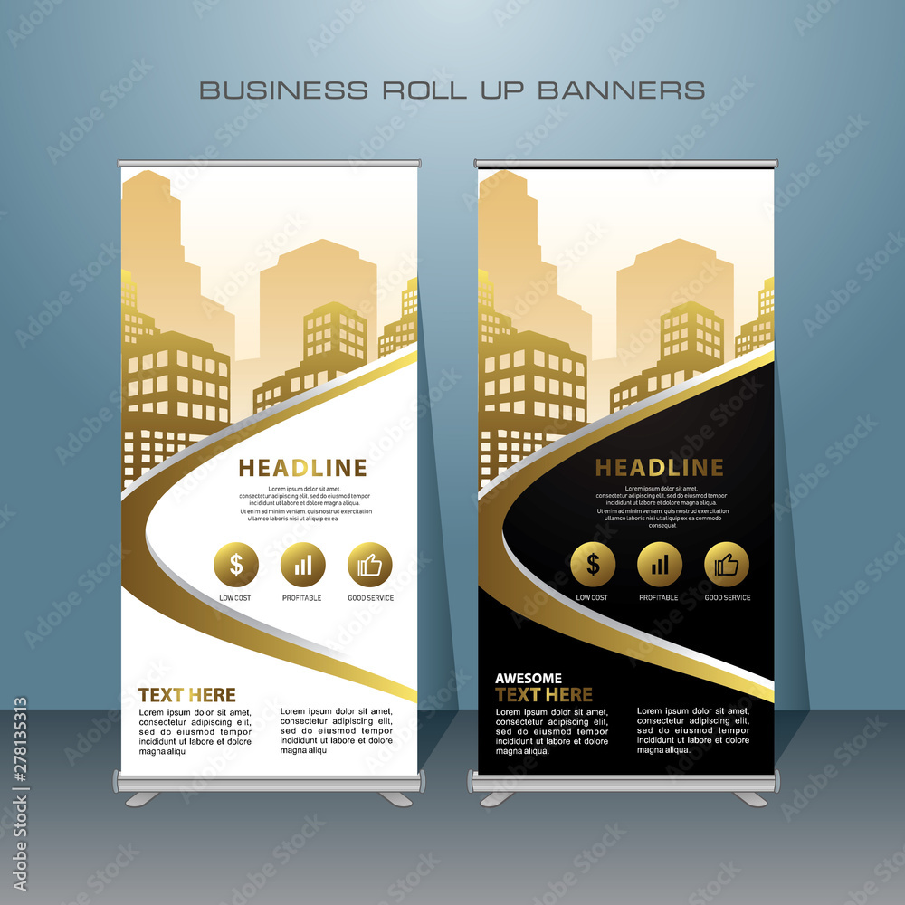 Gold Modern Roll Up Banner. Golden Color standing banner template ...