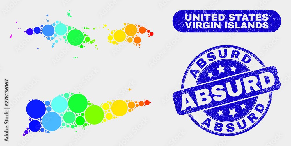 Rainbow colored spotted American Virgin Islands map and seal stamps ...