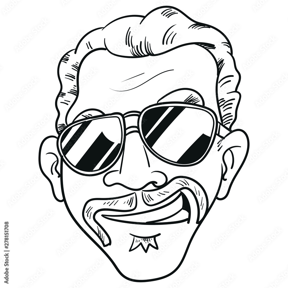 Hand drawn vector illustration. face of a mafia macho with sunglasses ...