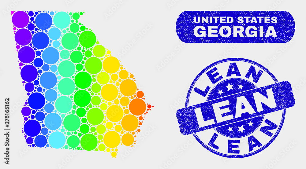 Rainbow colored spotted Georgia State map and rubber prints. Blue round ...