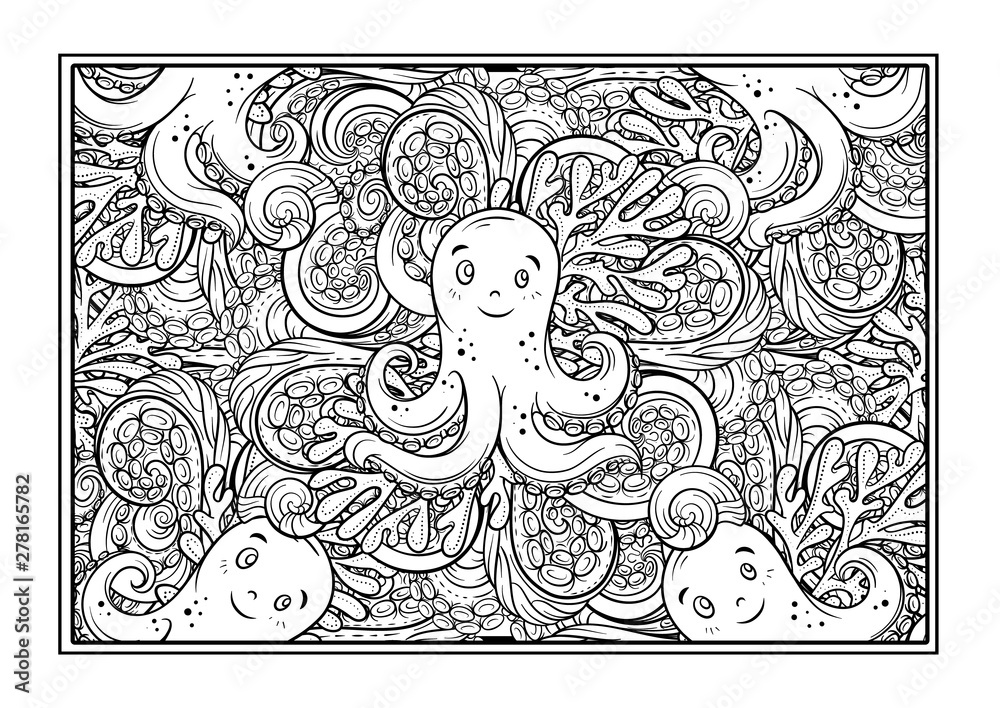 Vector sea creatures doodle background. Adult coloring page with ...