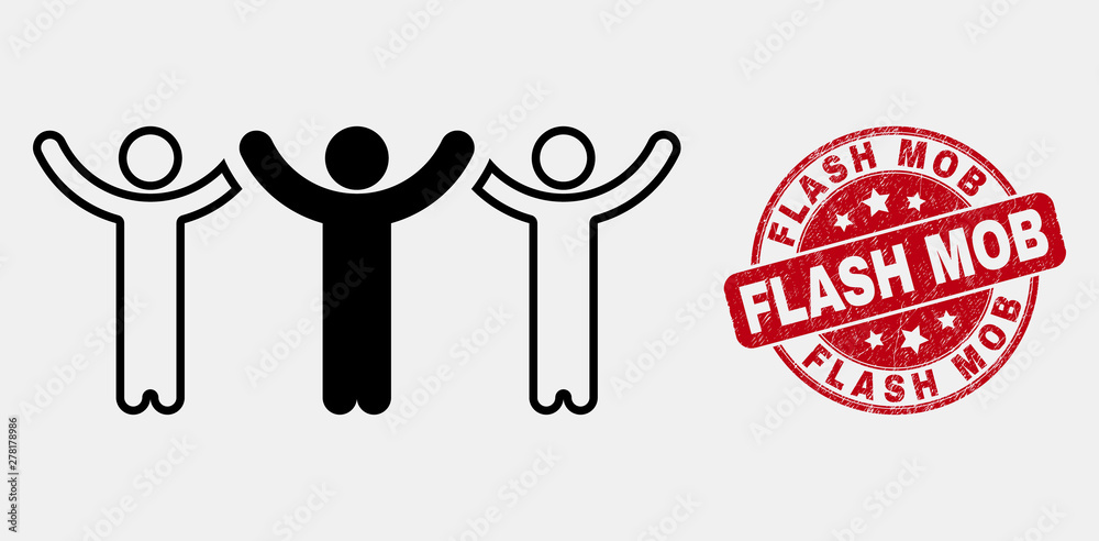 Vector line dancing people icon and Flash Mob seal stamp. Blue round ...