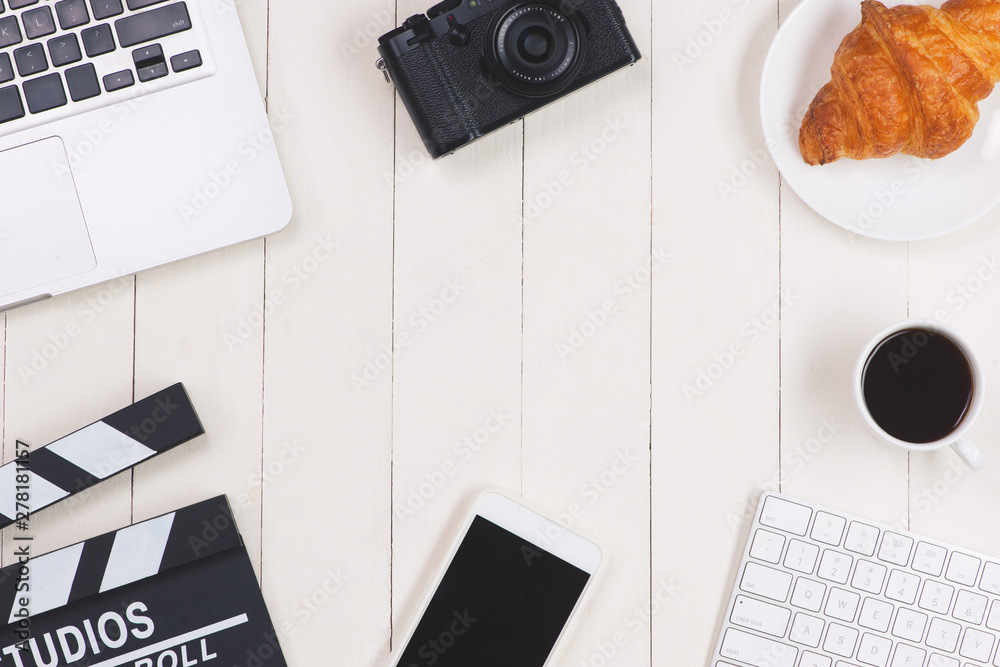 Film director desk with movie clapper board. Top view. Stock Photo ...