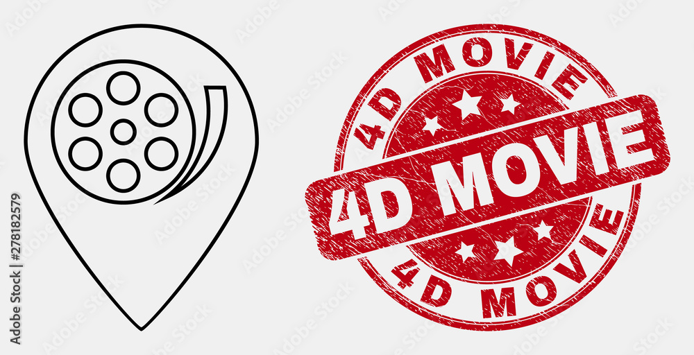 Vector stroke movie map marker pictogram and 4D Movie seal stamp. Blue ...