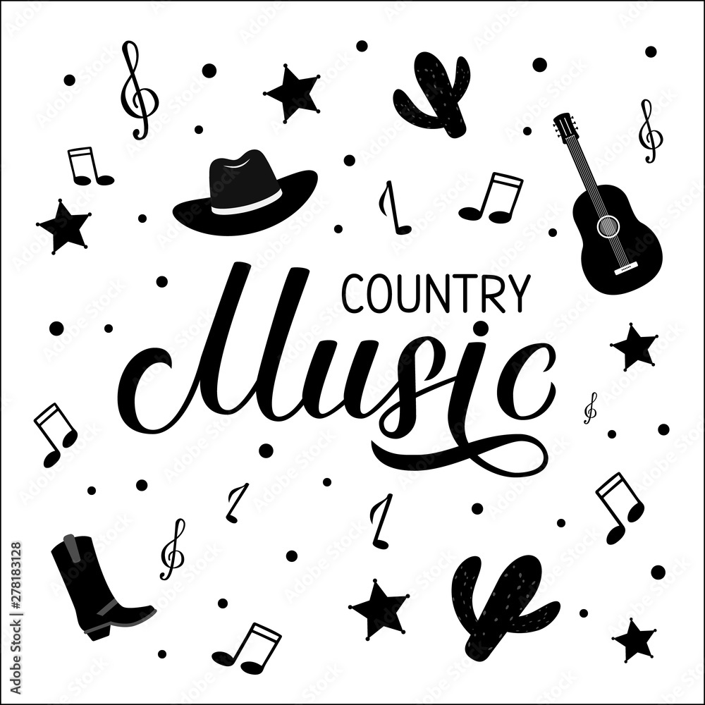 Country Music lettering with hat, notes and guitar isolated on white ...