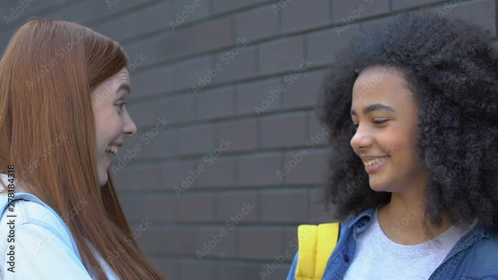 Cruel teenage girls mocking classmate passing by, malicious rumors ...