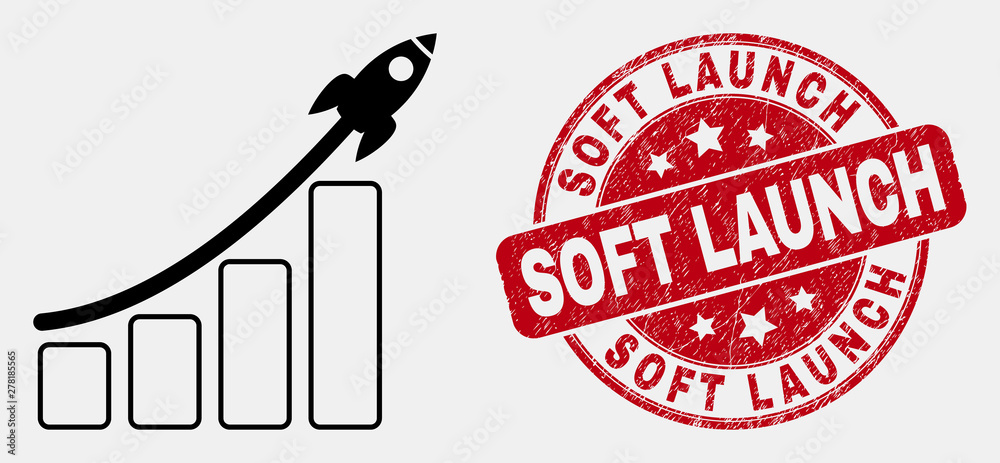 Vector linear rocket bar chart pictogram and Soft Launch stamp. Blue ...