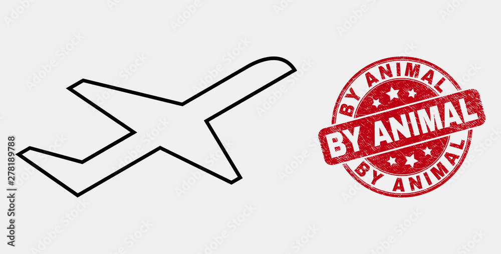 Vector linear airplane takeoff icon and By Animal stamp. Blue round ...