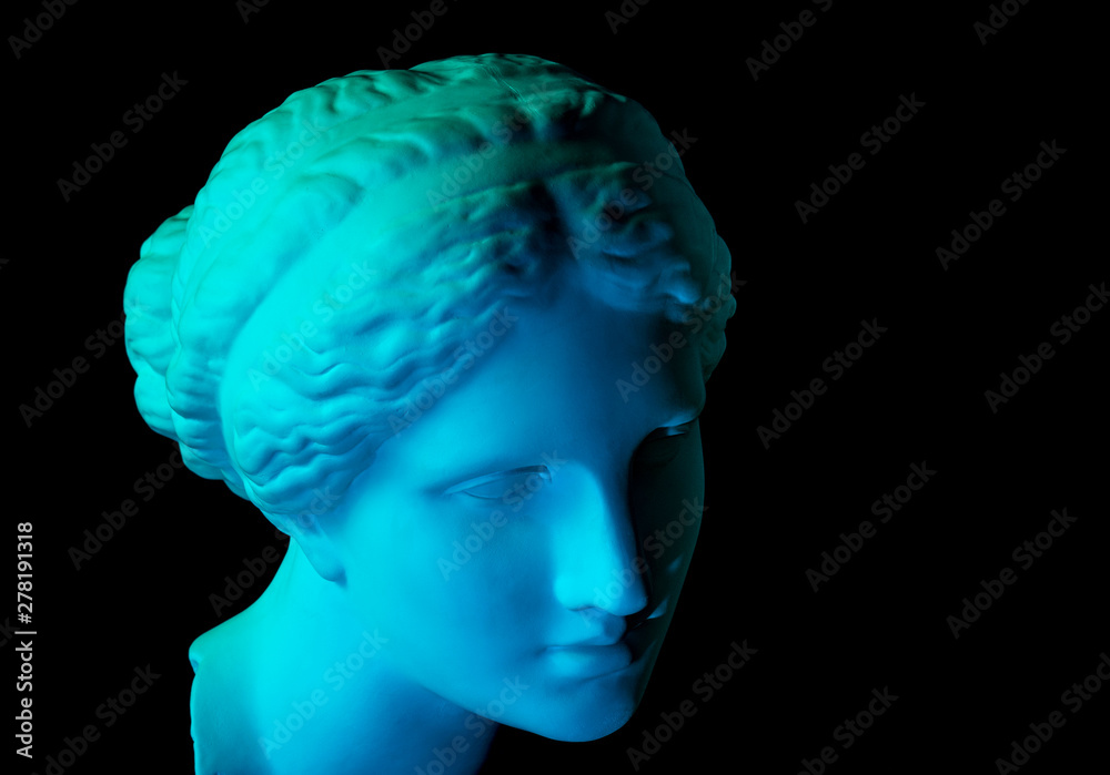 Gypsum copy of ancient statue Venus head isolated on a black background ...