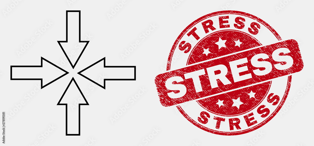 Vector outline collapse arrows icon and Stress seal. Blue round ...