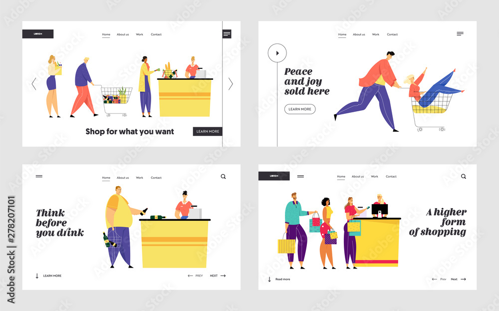People Visiting Store for Shopping Website Landing Page Set, Queue in ...