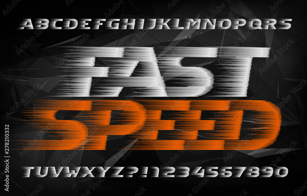 Fast Speed alphabet font. Wind effect type letters and numbers on dark ...