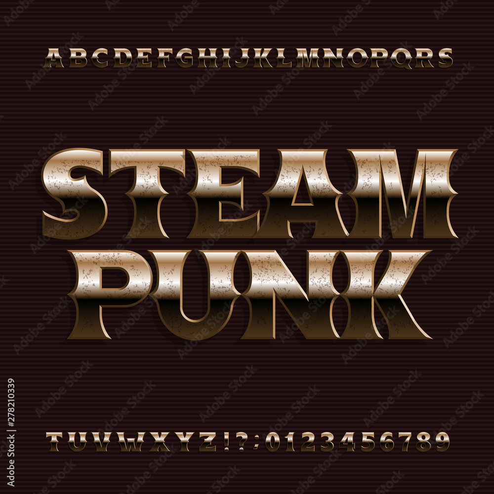 Steampunk alphabet font. Vintage copper letters and numbers. Stock ...