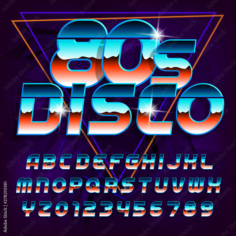 80s Disco alphabet font. Letters, numbers and symbols on abstract ...