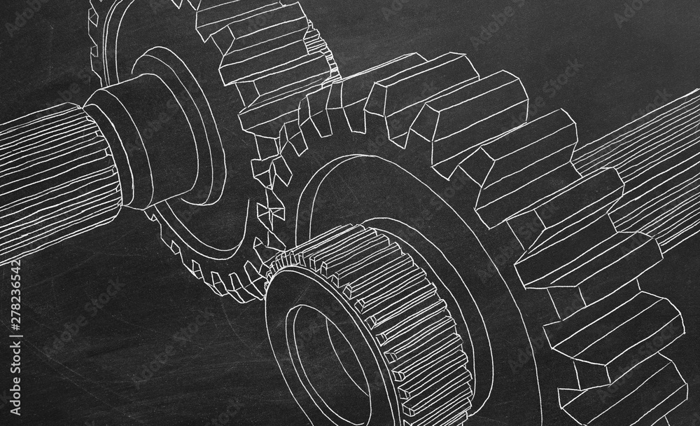 Hand drawing on blackboard and animated gear transmission. Stock ...