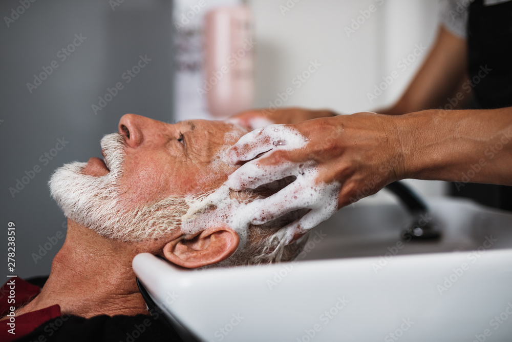 Senior good looking man at haircut in a hairdresser's salon. Hair ...