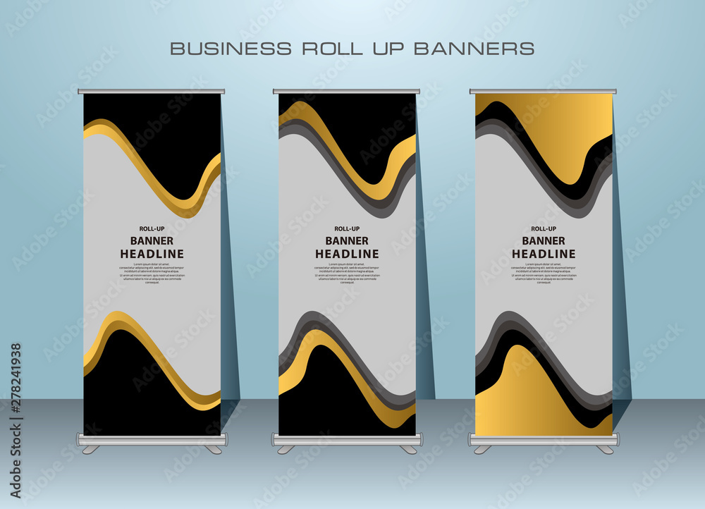 Modern Roll Up Banner in gold color. Golden Color standing banner ...