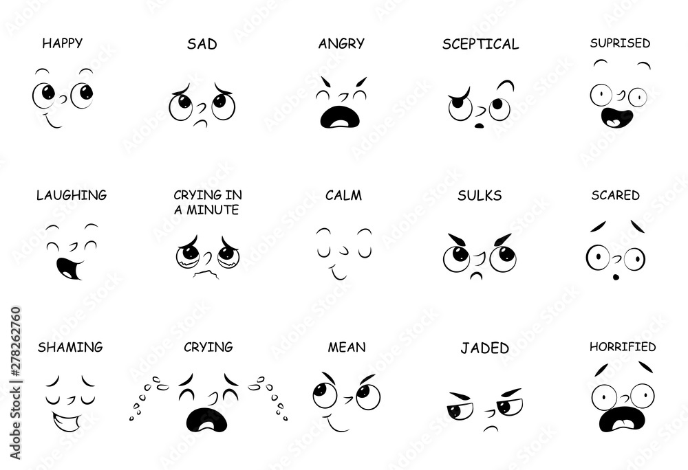 face expressions with names for comic book, cartoon character isolated ...