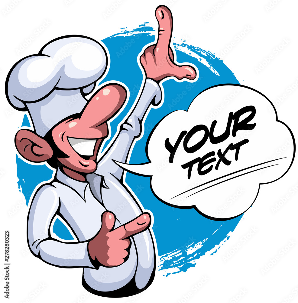 Cartoon style smiling cook with comics text box, vector cartoon ...