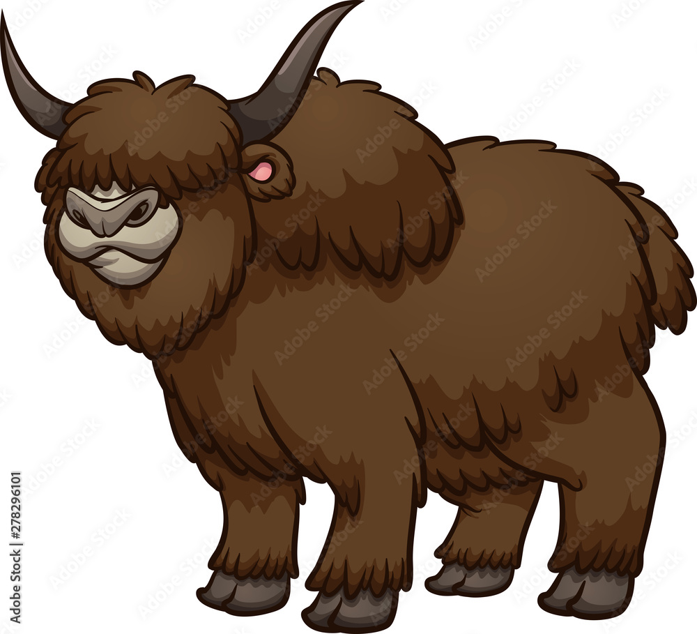 Furry, brown, wooly cartoon male yak standing clipart. Vector ...