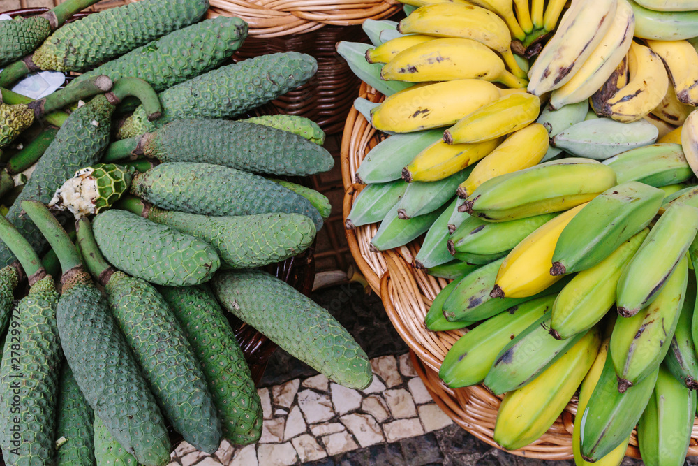Monstera deliciosa (ananas-banana) and bananas in Madeira farmers ...