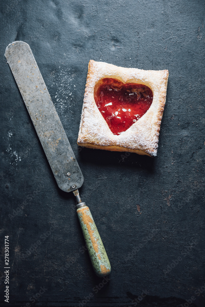 Food: little puff pastry with strawberry jam filling, heart shap Stock ...