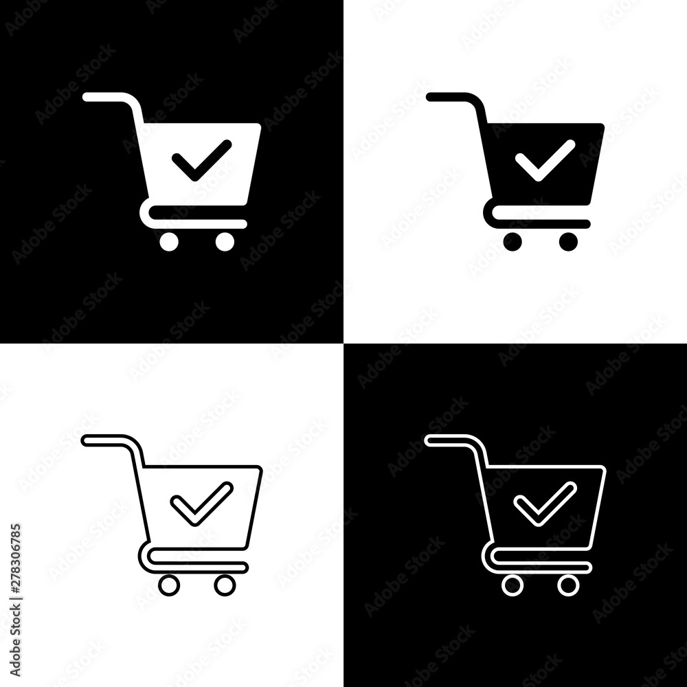 Set Shopping cart with check mark icons isolated on black and white ...