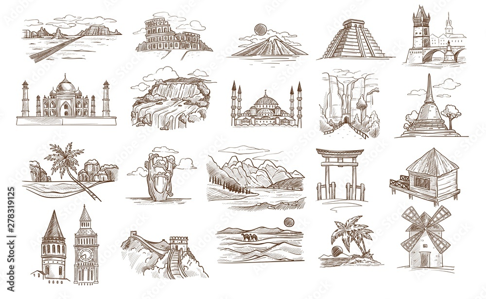 World sights and famous landmarks isolated buildings or landscapes ...