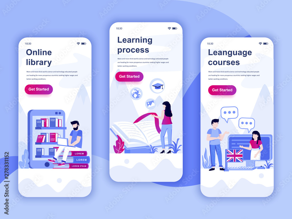Set of onboarding screens user interface kit for Library, Learning ...