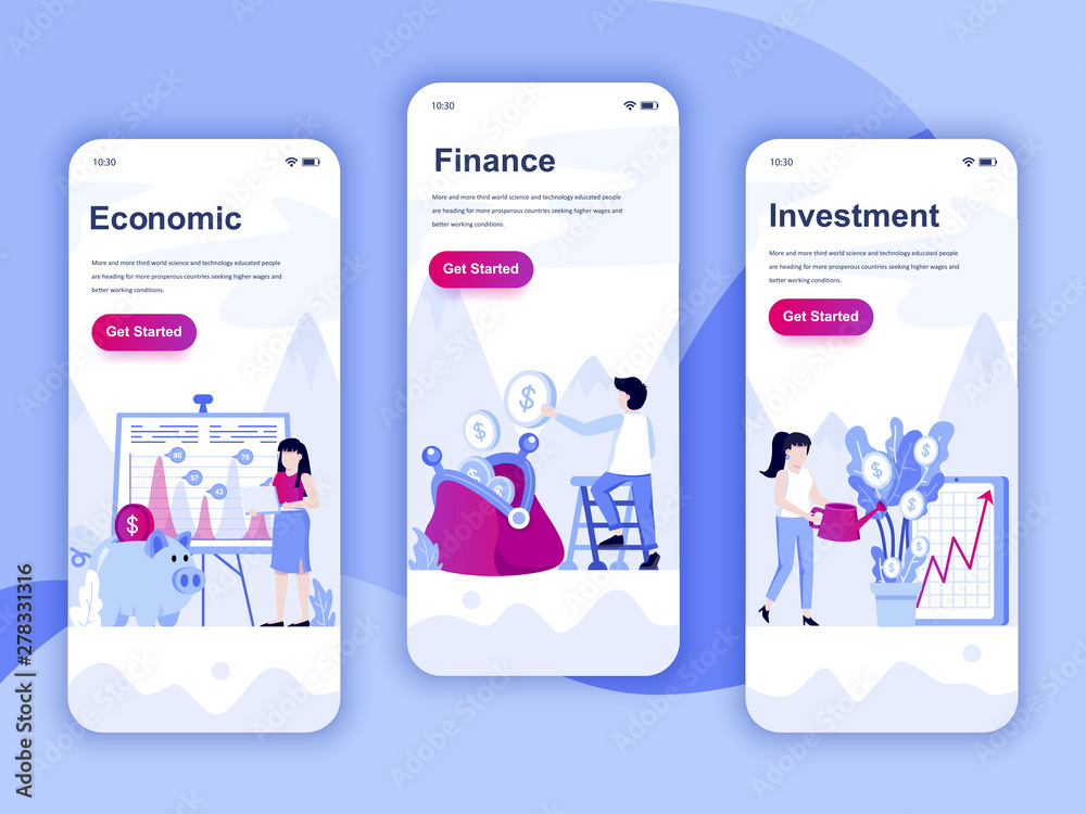 Set of onboarding screens user interface kit for Economics, Finance ...