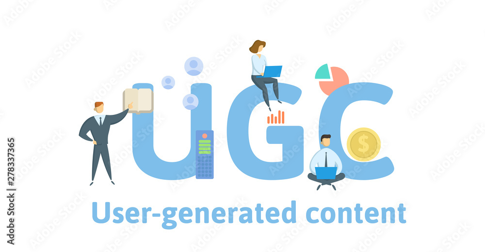 UGC, User-generated Content. Concept with people, letters and icons ...