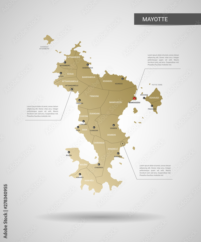 Stylized vector Mayotte map. Infographic 3d gold map illustration with ...