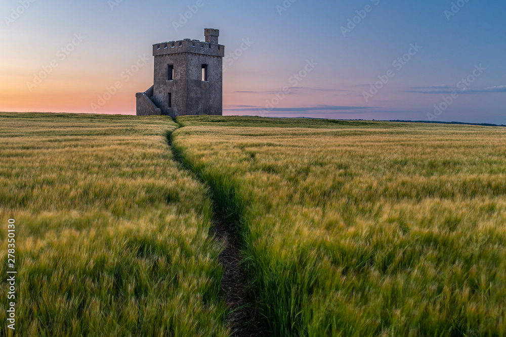 A lookout fort standing proud in a field of wheat at sunset, path in ...