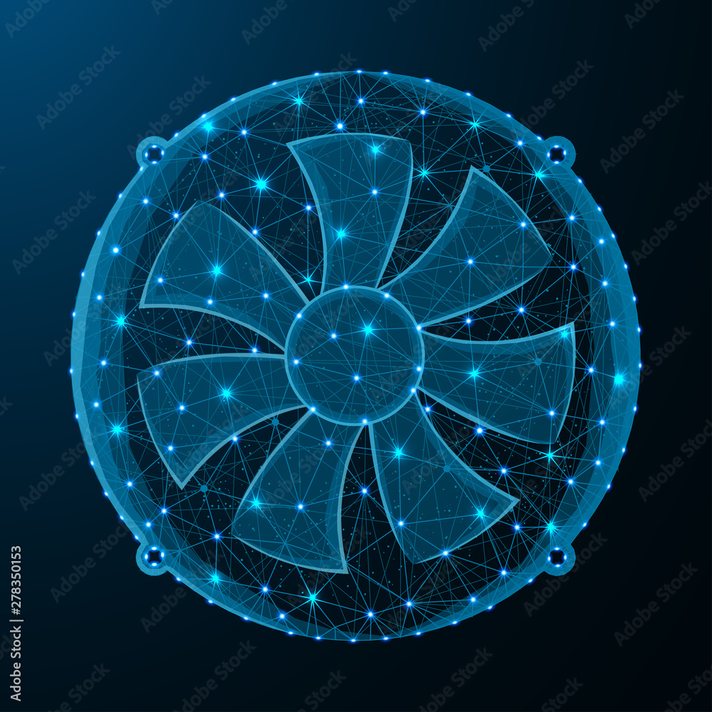 Fan low poly graphic model, polygonal electronic equipment, cooling ...
