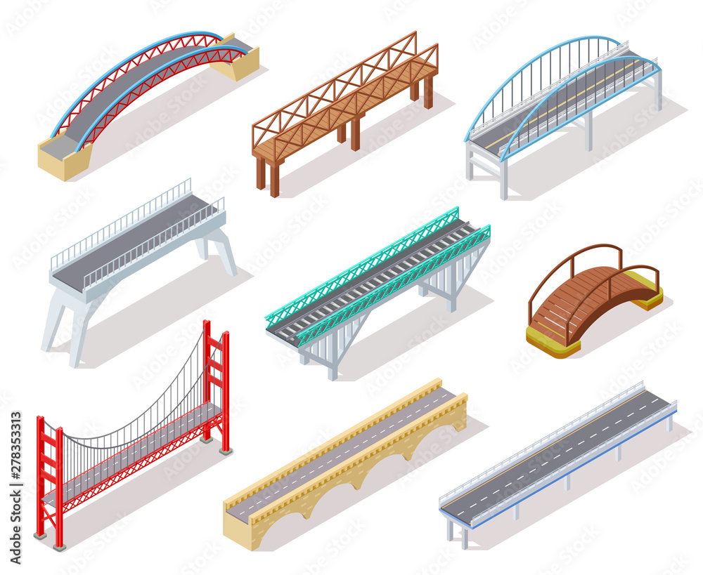 Vetor de Isometric bridge. Concrete bridges drawbridge river arch ...
