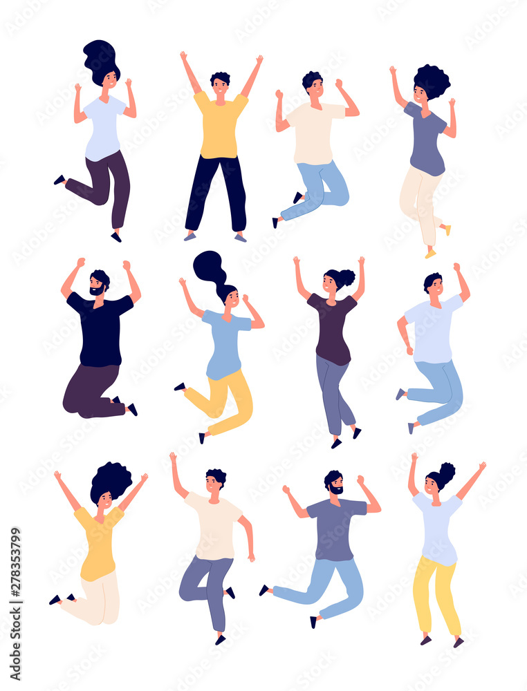 Jumping people set. happy smiling adults enjoy in jump celebrating ...