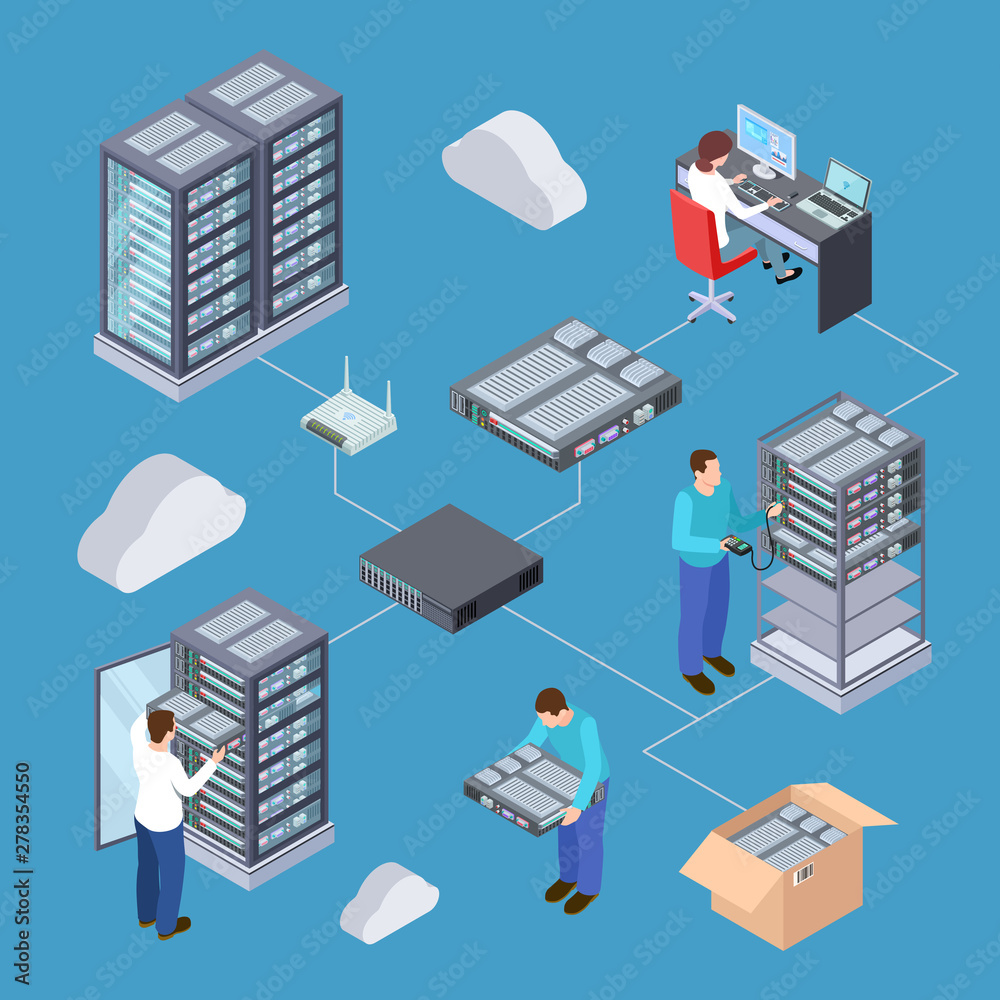 Information technology server engineer 3D vector concept. Isometric ...