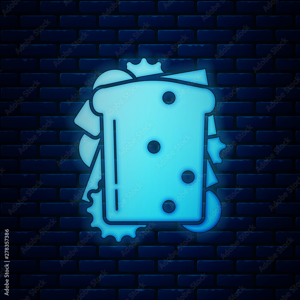 Glowing neon Sandwich icon isolated on brick wall background. Hamburger ...