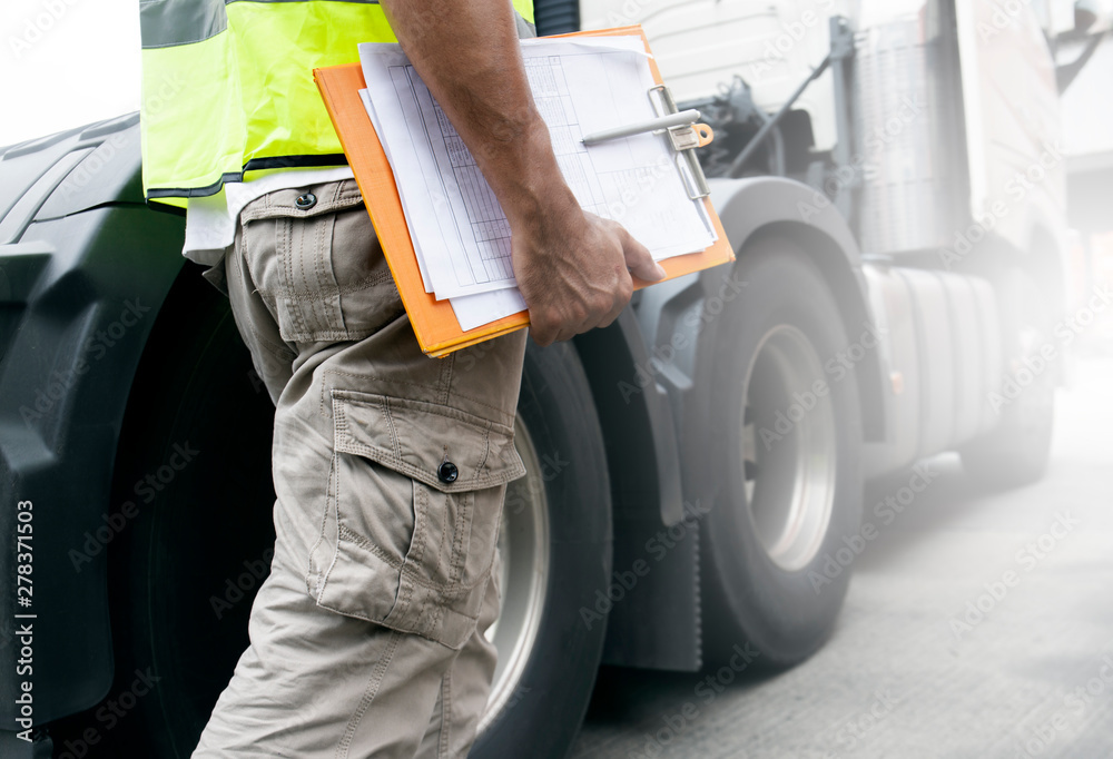 truck driver walking around semi truck and inspection safety. Stock ...