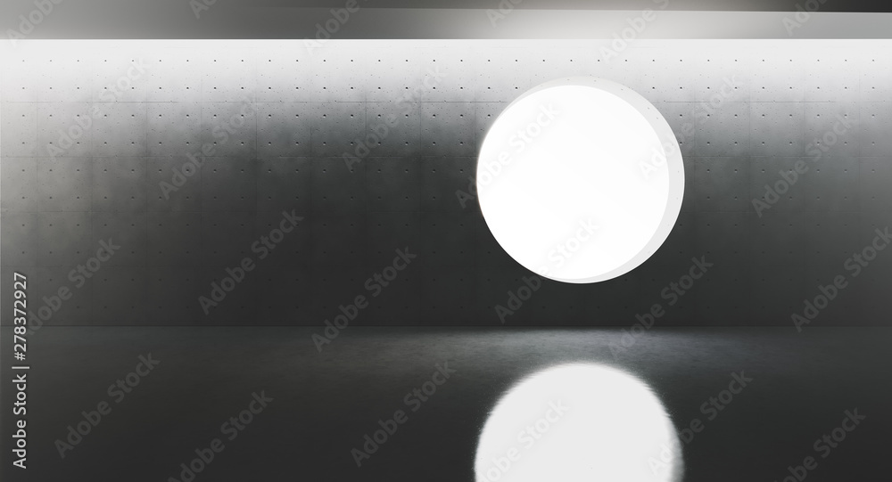 Modern and futuristic interior with round window in center of concret ...