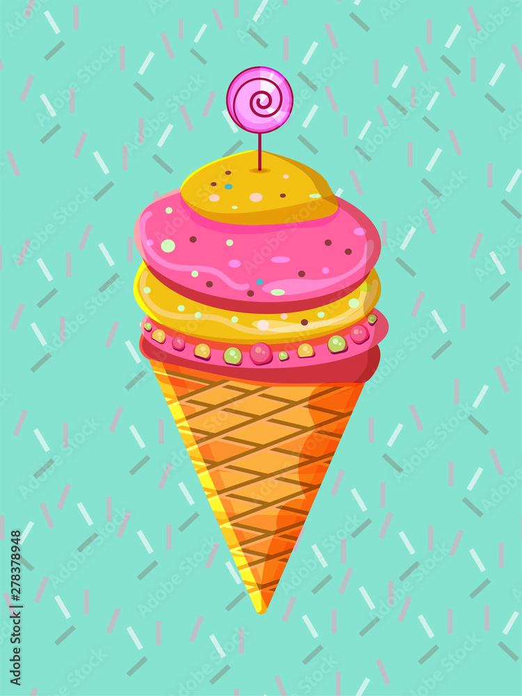 Yellow and pink ice cream with jelly beans on a blue background with ...