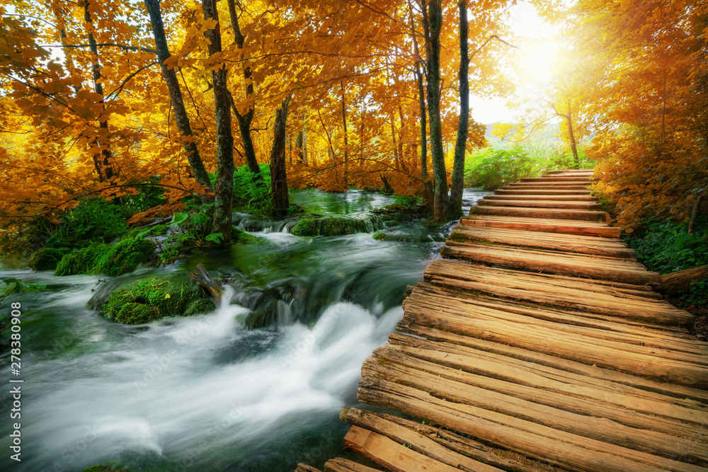 Beautiful wooden path trail for nature trekking with lakes and ...
