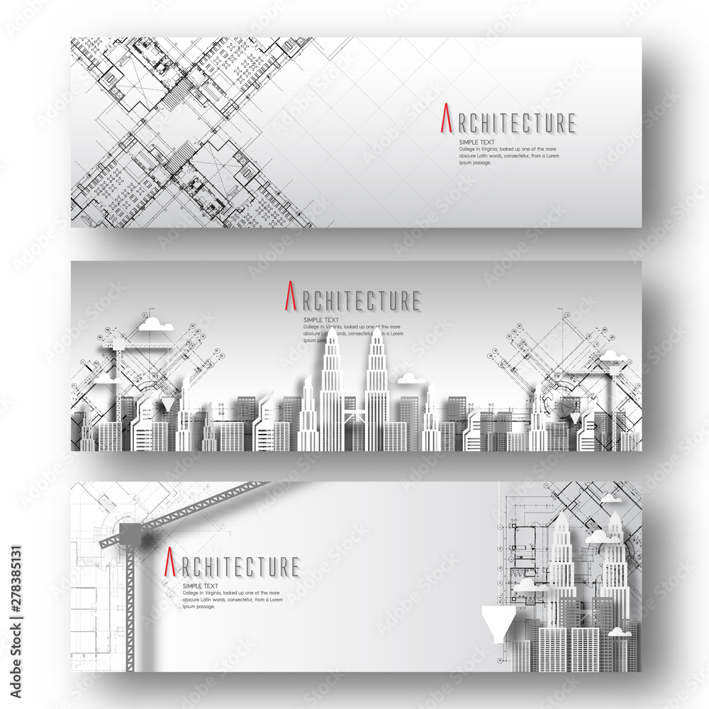 Set of horizontal banners with architectural and Blueprint background ...