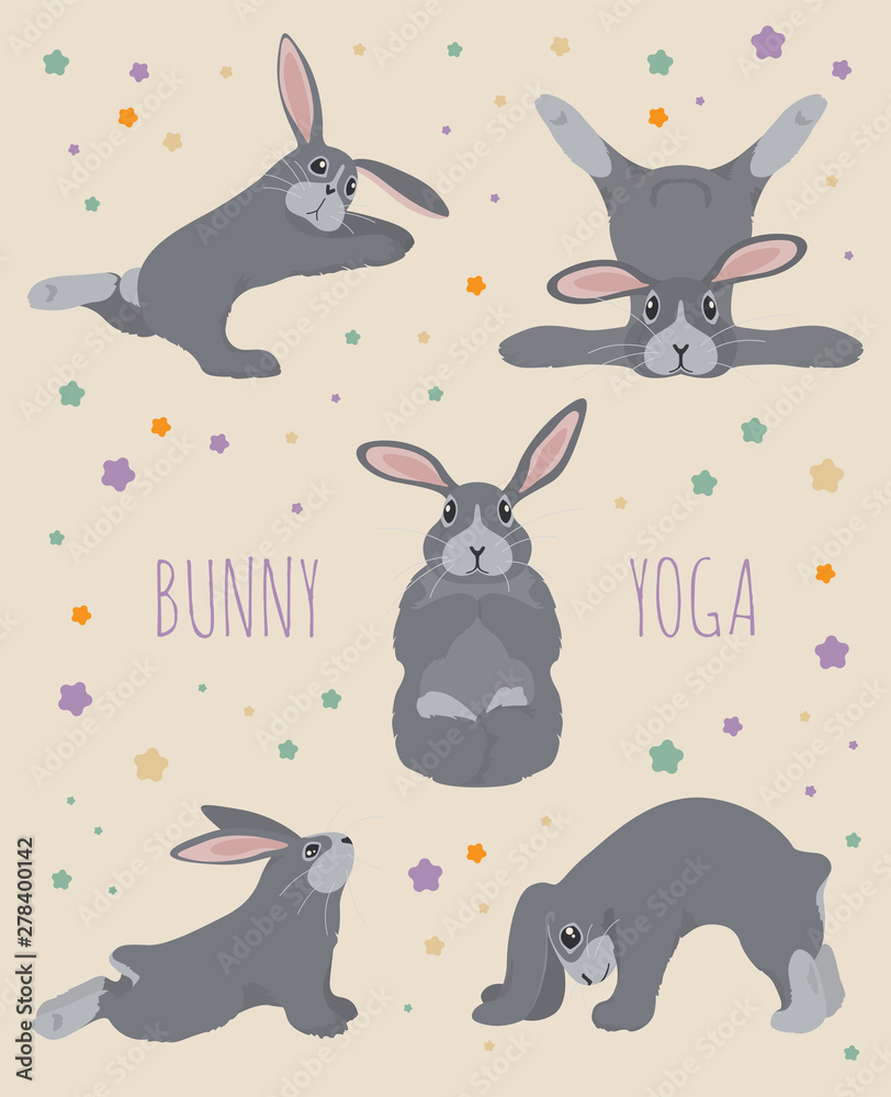 Bunny yoga poses and exercises. Cute cartoon poster design Stock Vector ...