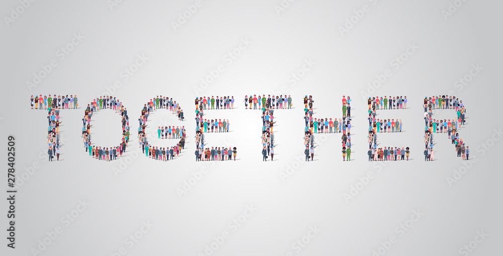 people crowd gathering in shape of together word different occupation ...
