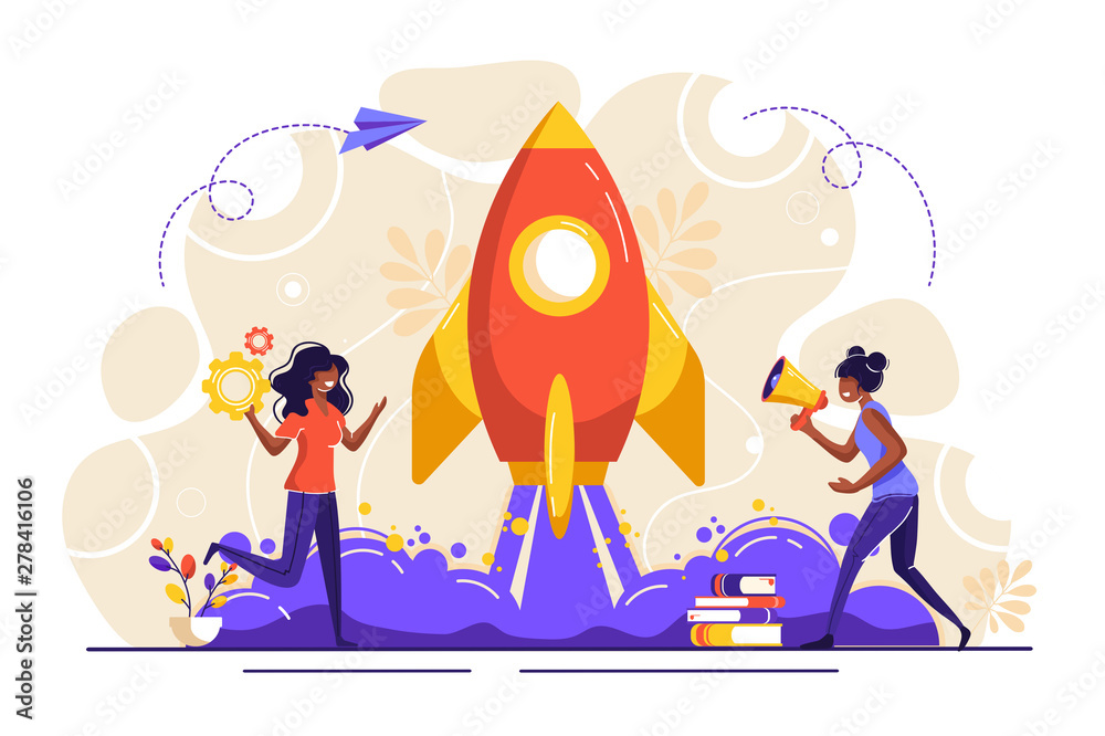 vector illustration people are building a spaceship rocket. cohesive ...