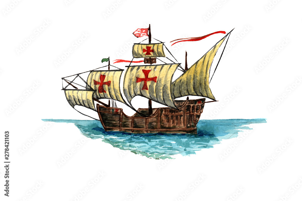 map of America, the Caravel of Christopher Columbus, the North American ...