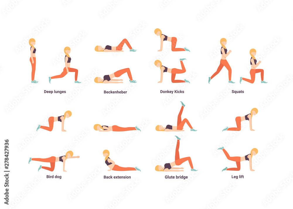 Set Happy woman character doing workout. Deep lunges, beckenheber ...