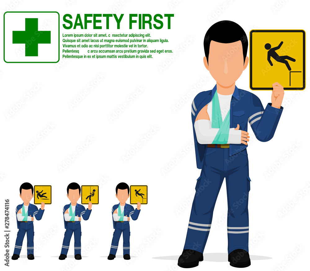 An industrial worker with injured arm is presenting warning sign on ...