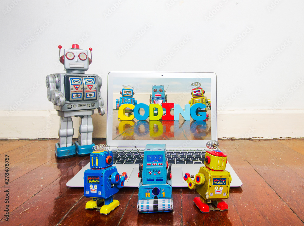 robot kids learn code from a laptop Stock Photo | Adobe Stock